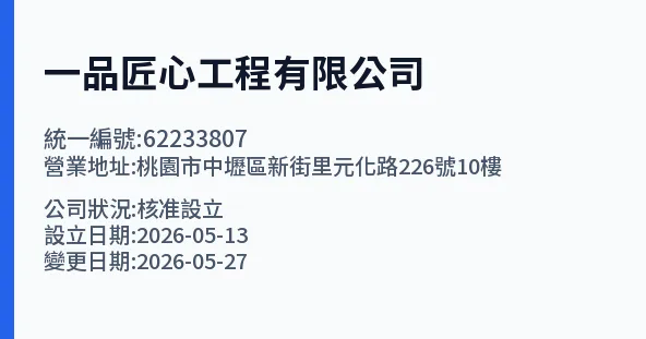 一品匠心工程有限公司的照片-統編 62233807(桃園市) 公司登記資料與營業項目詳細圖表