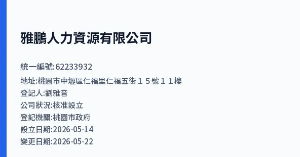 雅鵬人力資源有限公司的照片-統編 62233932(桃園市) 公司登記資料與營業項目詳細圖表