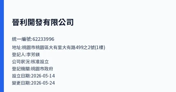 晉利開發有限公司的照片-統編 62233996(桃園市) 公司登記資料與營業項目詳細圖表