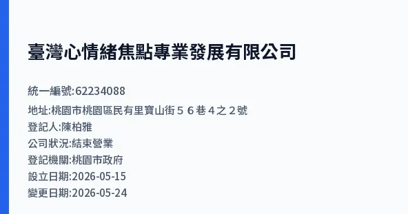 臺灣心情緒焦點專業發展有限公司的照片-統編 62234088(桃園市) 公司登記資料與營業項目詳細圖表