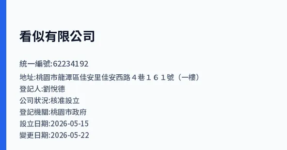 看似有限公司的照片-統編 62234192(桃園市) 公司登記資料與營業項目詳細圖表