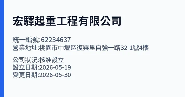 宏驛起重工程有限公司的照片-統編 62234637(桃園市) 公司登記資料與營業項目詳細圖表