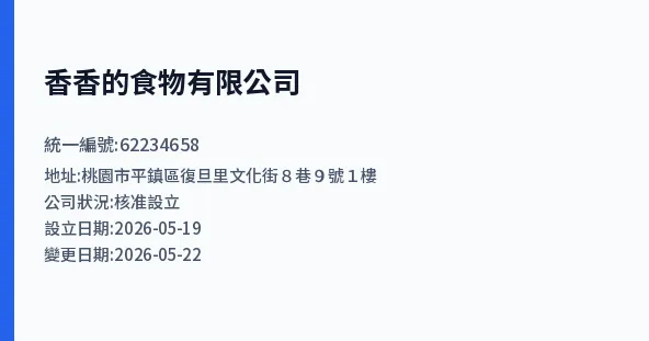香香的食物有限公司的照片-統編 62234658(桃園市) 公司登記資料與營業項目詳細圖表