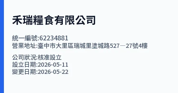禾瑞糧食有限公司的照片-統編 62234881(臺中市) 公司登記資料與營業項目詳細圖表