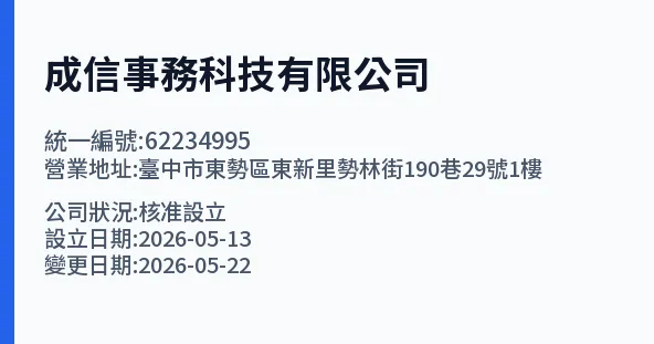 成信事務科技有限公司的照片-統編 62234995(臺中市) 公司登記資料與營業項目詳細圖表