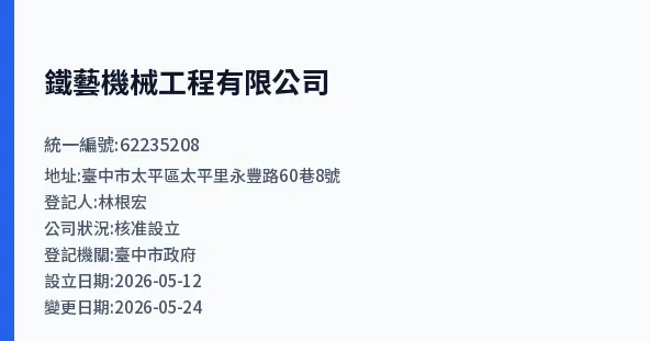 鐵藝機械工程有限公司的照片-統編 62235208(臺中市) 公司登記資料與營業項目詳細圖表