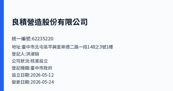 良積營造股份有限公司的照片-統編 62235220(臺中市) 公司登記資料與營業項目詳細圖表