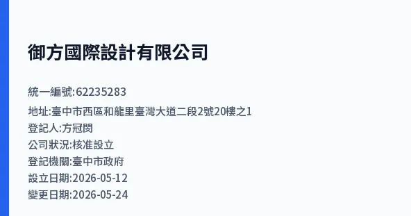 御方國際設計有限公司的照片-統編 62235283(臺中市) 公司登記資料與營業項目詳細圖表