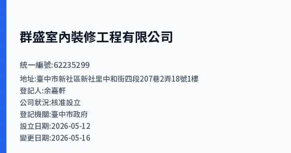 群盛室內裝修工程有限公司的照片-統編 62235299(臺中市) 公司登記資料與營業項目詳細圖表