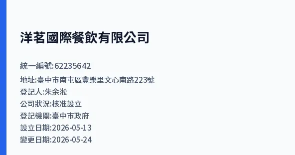 洋茗國際餐飲有限公司的照片-統編 62235642(臺中市) 公司登記資料與營業項目詳細圖表