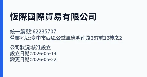 恆際國際貿易有限公司的照片-統編 62235707(臺中市) 公司登記資料與營業項目詳細圖表