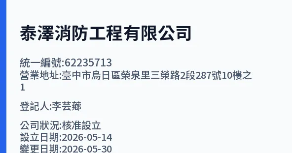 泰澤消防工程有限公司的照片-統編 62235713(臺中市) 公司登記資料與營業項目詳細圖表