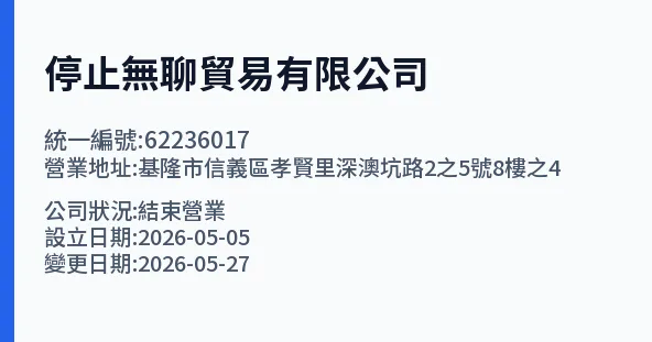 停止無聊貿易有限公司的照片-統編 62236017(基隆市) 公司登記資料與營業項目詳細圖表