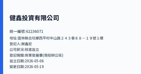 健鑫投資有限公司的照片-統編 62236071(雲林縣) 公司登記資料與營業項目詳細圖表