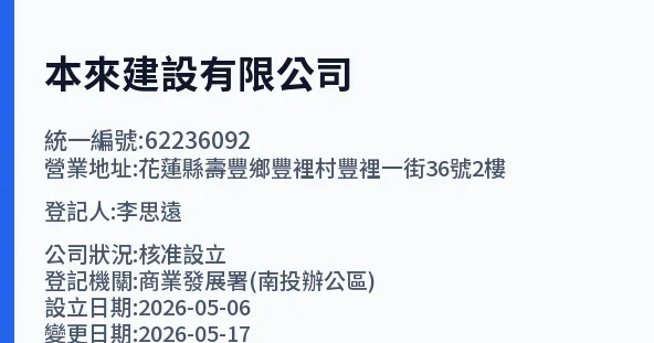本來建設有限公司的照片-統編 62236092(花蓮縣) 公司登記資料與營業項目詳細圖表
