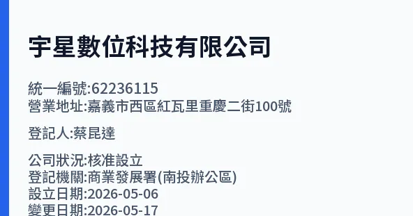 宇星數位科技有限公司的照片-統編 62236115(嘉義市) 公司登記資料與營業項目詳細圖表