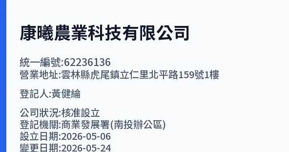 康曦農業科技有限公司的照片-統編 62236136(雲林縣) 公司登記資料與營業項目詳細圖表