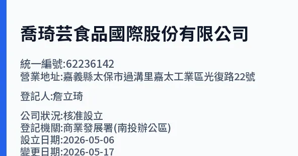 喬琦芸食品國際股份有限公司的照片-統編 62236142(嘉義縣) 公司登記資料與營業項目詳細圖表