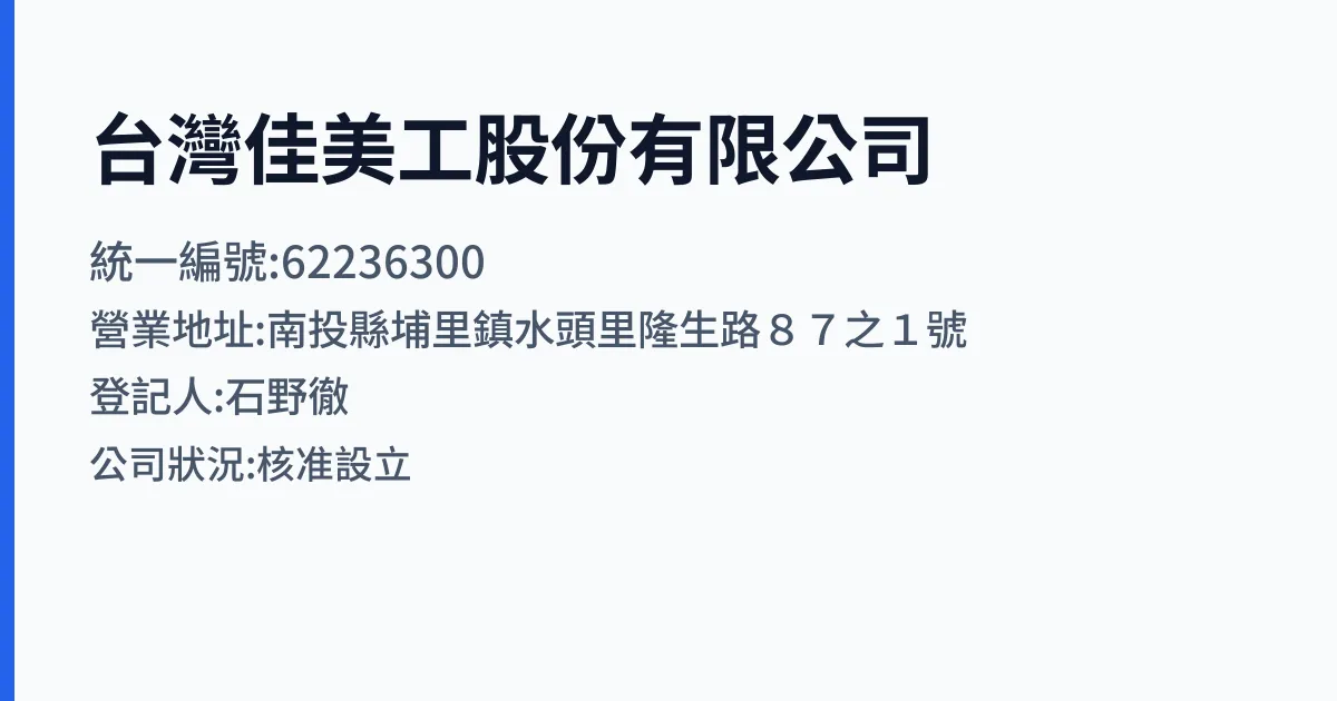 台灣佳美工股份有限公司 - 統編 62236300(南投縣) 公司登記資料與營業項目詳細圖表