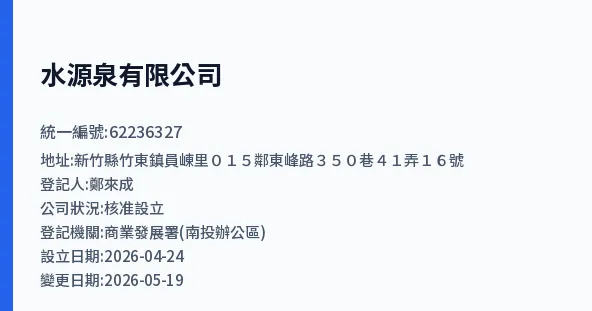 水源泉有限公司的照片-統編 62236327(新竹縣) 公司登記資料與營業項目詳細圖表