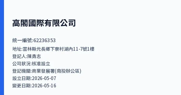 高閣國際有限公司的照片-統編 62236353(雲林縣) 公司登記資料與營業項目詳細圖表