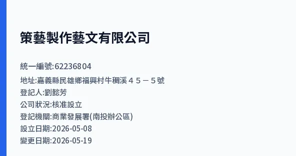 策藝製作藝文有限公司的照片-統編 62236804(嘉義縣) 公司登記資料與營業項目詳細圖表