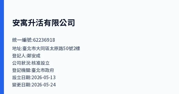 安寓升活有限公司的照片-統編 62236918(臺北市) 公司登記資料與營業項目詳細圖表