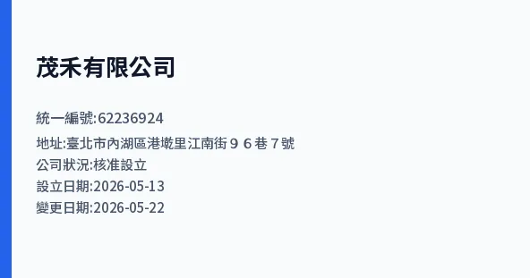 茂禾有限公司的照片-統編 62236924(臺北市) 公司登記資料與營業項目詳細圖表