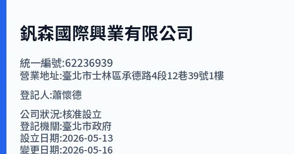 釩森國際興業有限公司的照片-統編 62236939(臺北市) 公司登記資料與營業項目詳細圖表