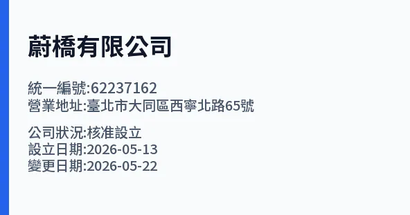 蔚橋有限公司的照片-統編 62237162(臺北市) 公司登記資料與營業項目詳細圖表