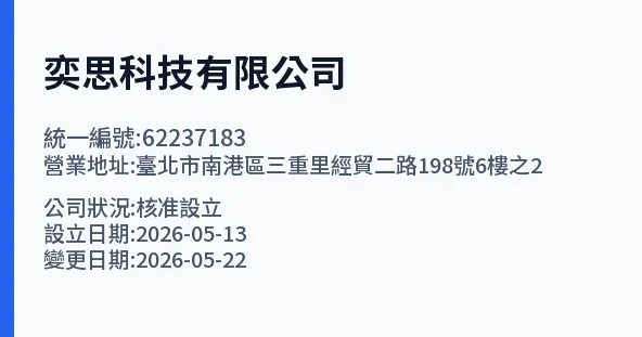 奕思科技有限公司的照片-統編 62237183(臺北市) 公司登記資料與營業項目詳細圖表
