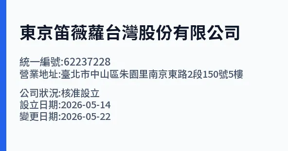 東京笛薇蘿台灣股份有限公司的照片-統編 62237228(臺北市) 公司登記資料與營業項目詳細圖表