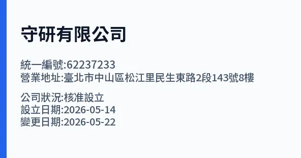 守研有限公司的照片-統編 62237233(臺北市) 公司登記資料與營業項目詳細圖表