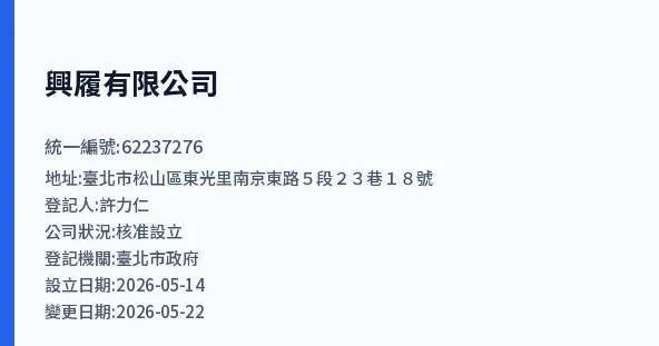 興履有限公司的照片-統編 62237276(臺北市) 公司登記資料與營業項目詳細圖表