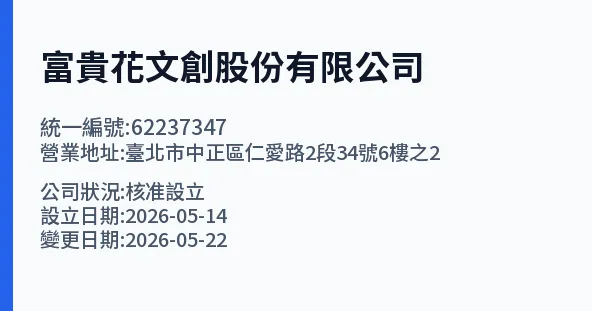 富貴花文創股份有限公司的照片-統編 62237347(臺北市) 公司登記資料與營業項目詳細圖表