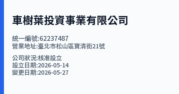車樹葉投資事業有限公司的照片-統編 62237487(臺北市) 公司登記資料與營業項目詳細圖表