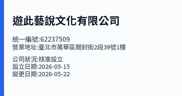 遊此藝說文化有限公司的照片-統編 62237509(臺北市) 公司登記資料與營業項目詳細圖表