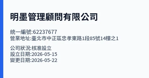 明墨管理顧問有限公司的照片-統編 62237677(臺北市) 公司登記資料與營業項目詳細圖表
