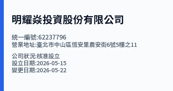 明耀焱投資股份有限公司的照片-統編 62237796(臺北市) 公司登記資料與營業項目詳細圖表