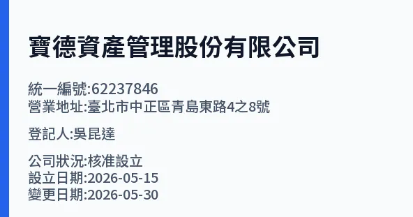 寶德資產管理股份有限公司的照片-統編 62237846(臺北市) 公司登記資料與營業項目詳細圖表