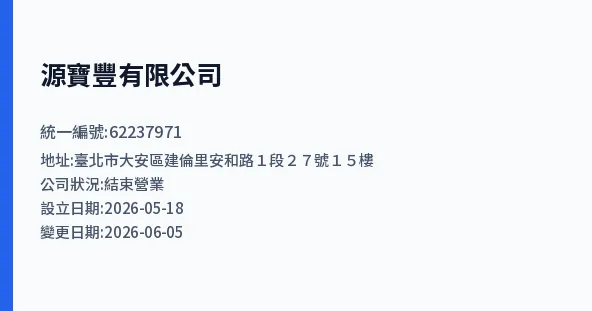 源寶豐有限公司的照片-統編 62237971(臺北市) 公司登記資料與營業項目詳細圖表