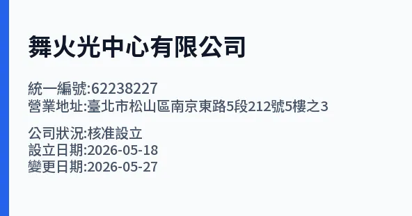舞火光中心有限公司的照片-統編 62238227(臺北市) 公司登記資料與營業項目詳細圖表