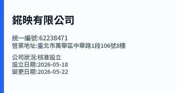 錵映有限公司的照片-統編 62238471(臺北市) 公司登記資料與營業項目詳細圖表
