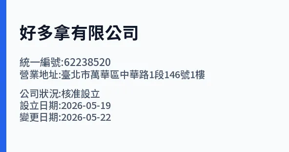 好多拿有限公司的照片-統編 62238520(臺北市) 公司登記資料與營業項目詳細圖表