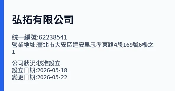 弘拓有限公司的照片-統編 62238541(臺北市) 公司登記資料與營業項目詳細圖表