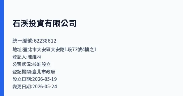 石溪投資有限公司的照片-統編 62238612(臺北市) 公司登記資料與營業項目詳細圖表