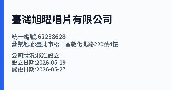 臺灣旭曜唱片有限公司的照片-統編 62238628(臺北市) 公司登記資料與營業項目詳細圖表