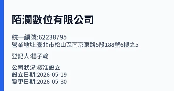 陌瀾數位有限公司的照片-統編 62238795(臺北市) 公司登記資料與營業項目詳細圖表
