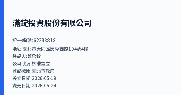滿錠投資股份有限公司的照片-統編 62238818(臺北市) 公司登記資料與營業項目詳細圖表
