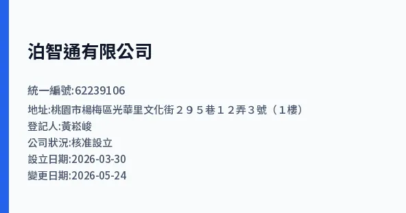 泊智通有限公司的照片-統編 62239106(桃園市) 公司登記資料與營業項目詳細圖表